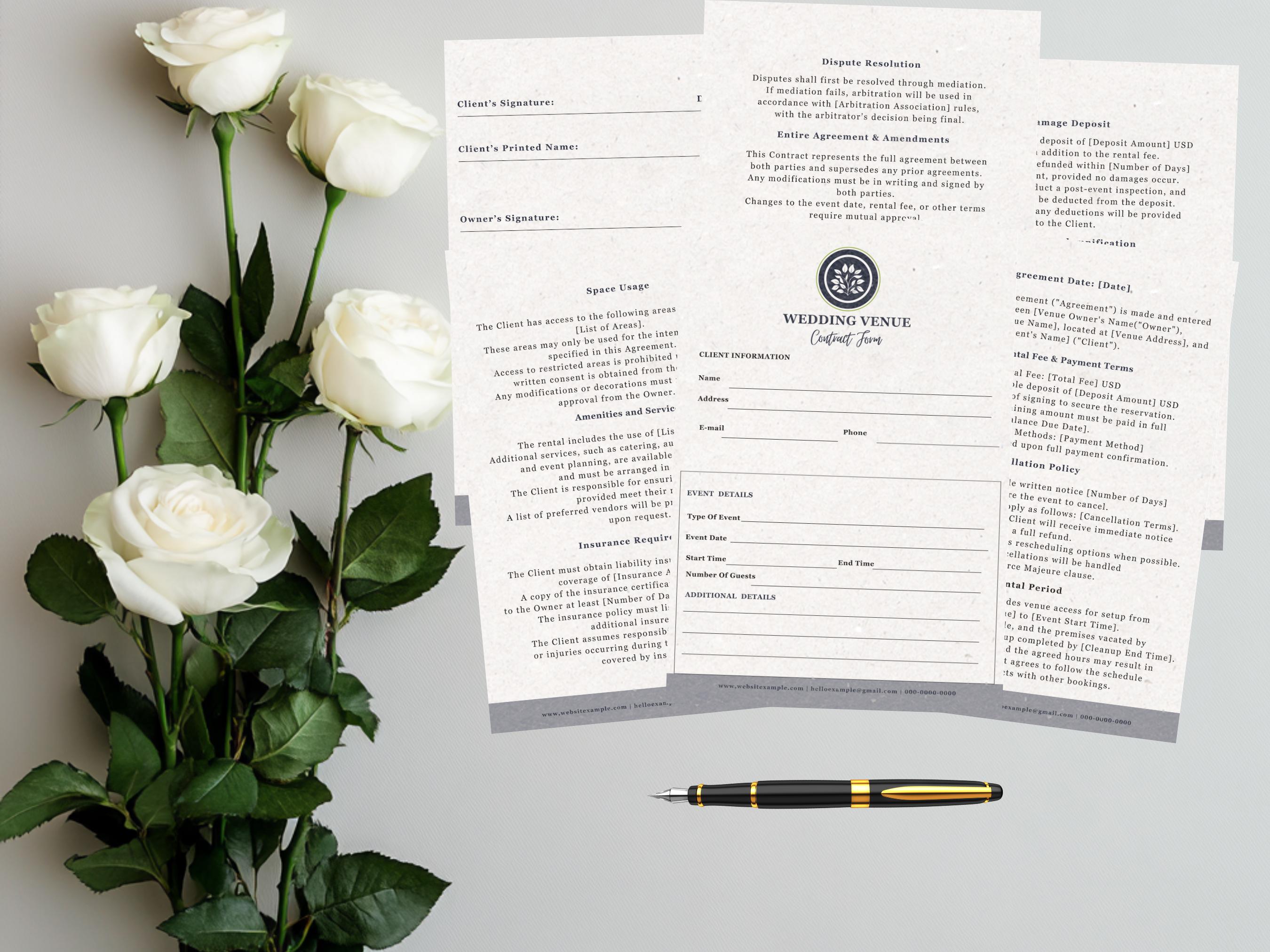 Venue Rental Form Printable Wedding Venue Contract Template Event ...