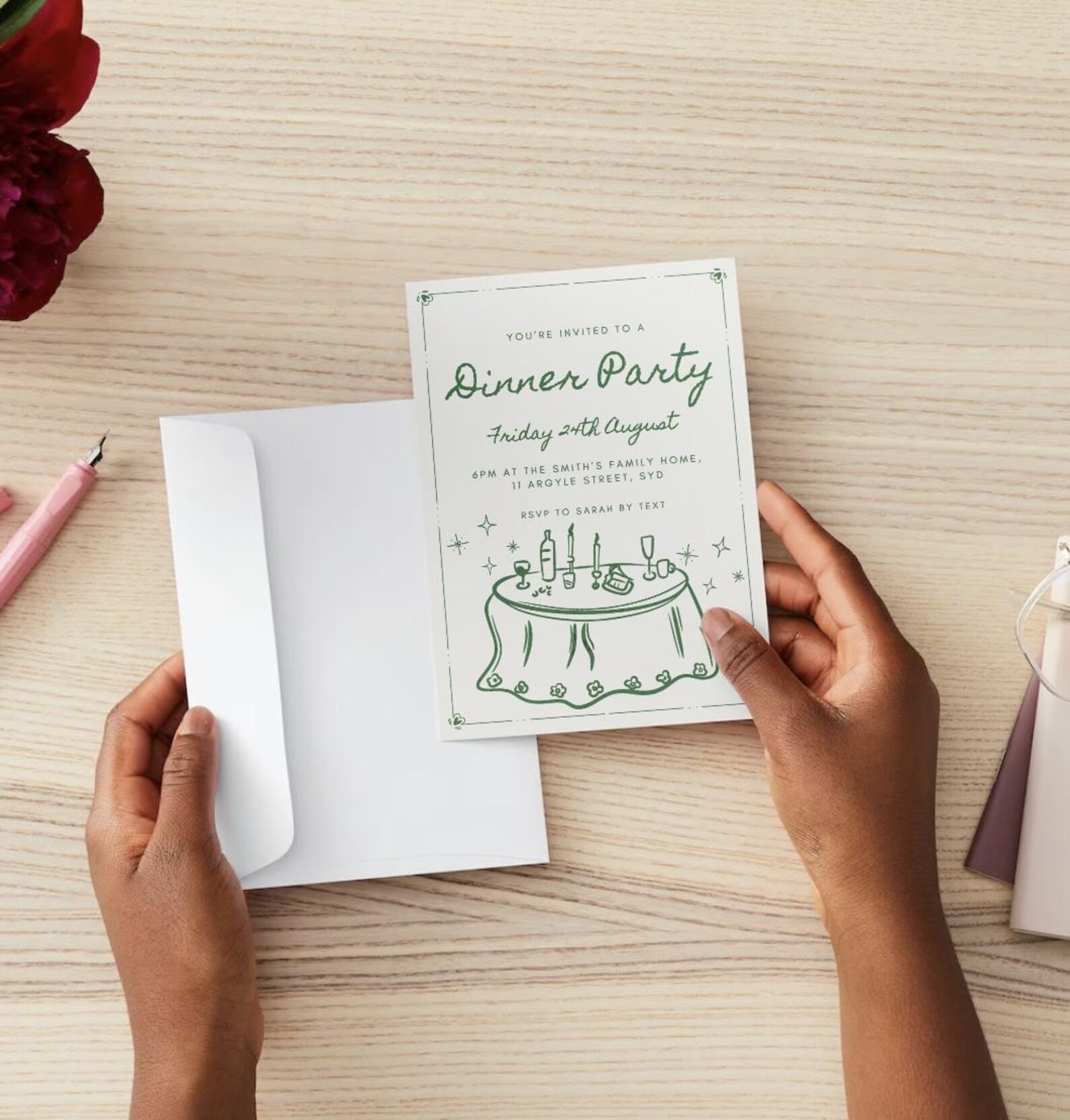 Hand-draw Dinner Party Invitation Template Green & Cream - Etsy