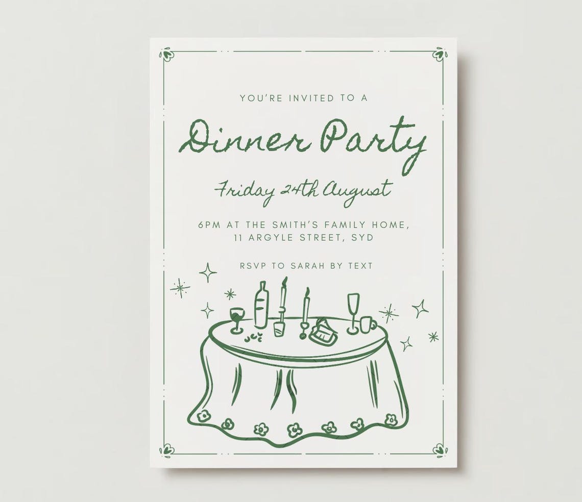 Hand-draw Dinner Party Invitation Template Green & Cream - Etsy