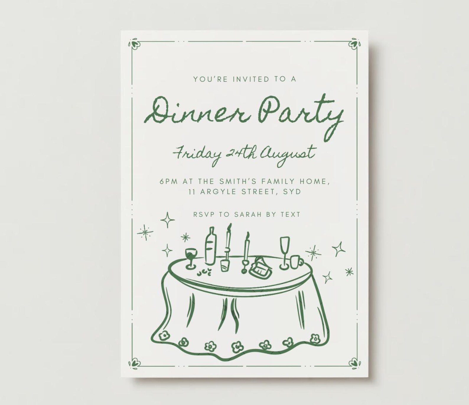 Hand-draw Dinner Party Invitation Template Green & Cream - Etsy