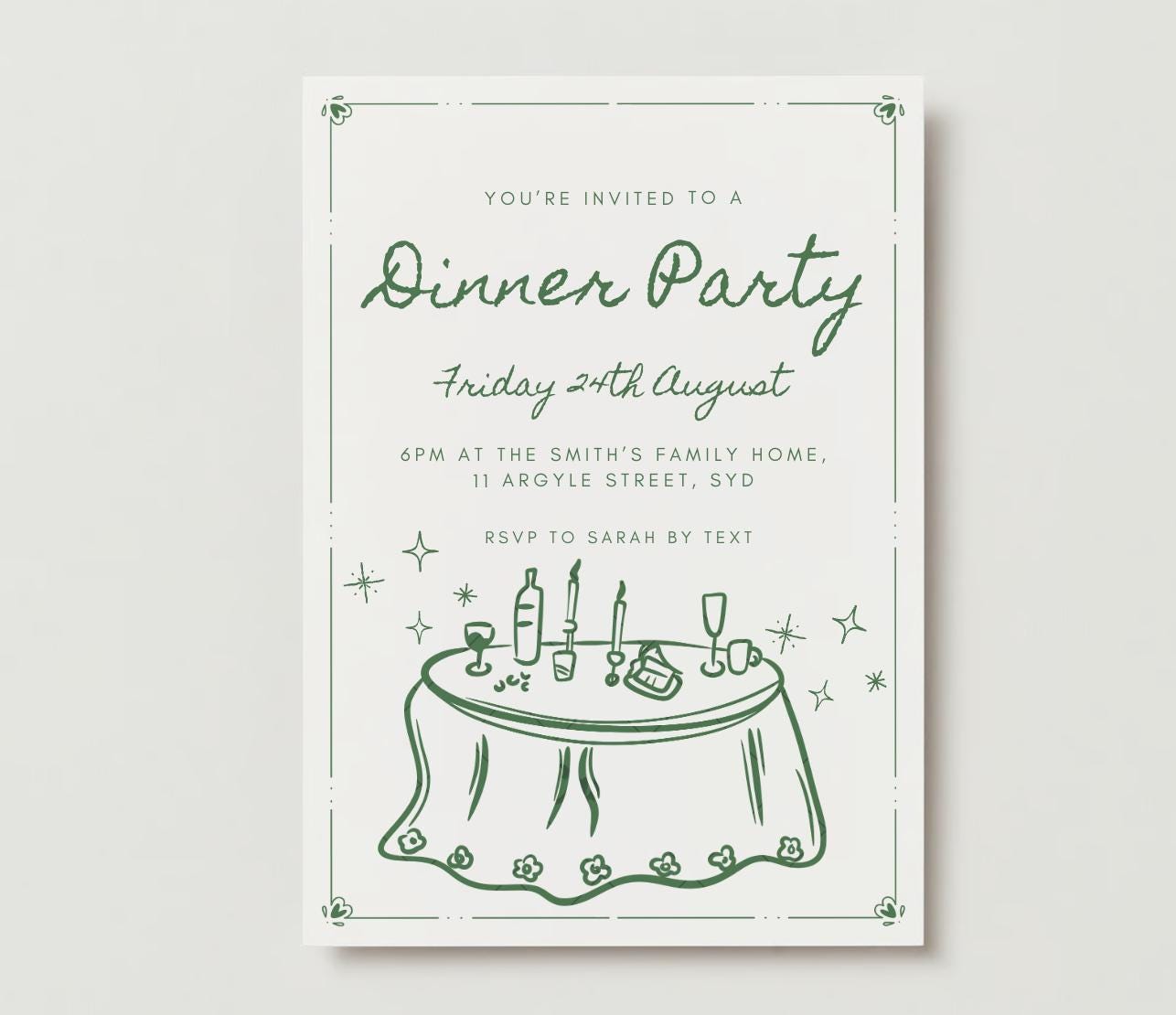 Hand-draw Dinner Party Invitation Template Green & Cream - Etsy