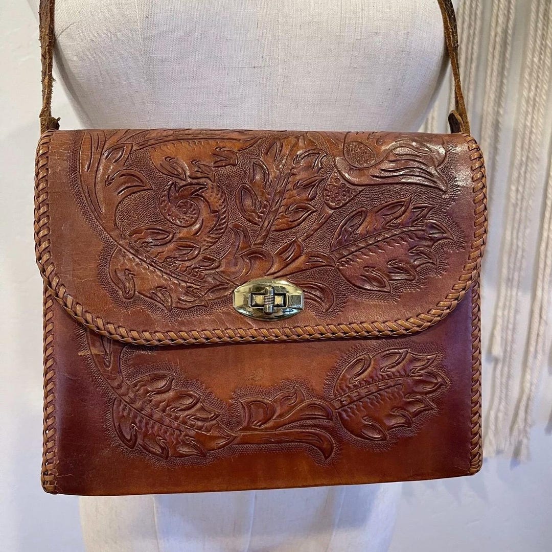Vintage Brown Leather Boho Gold Hardware Purse Bag Shoulder Strap ...