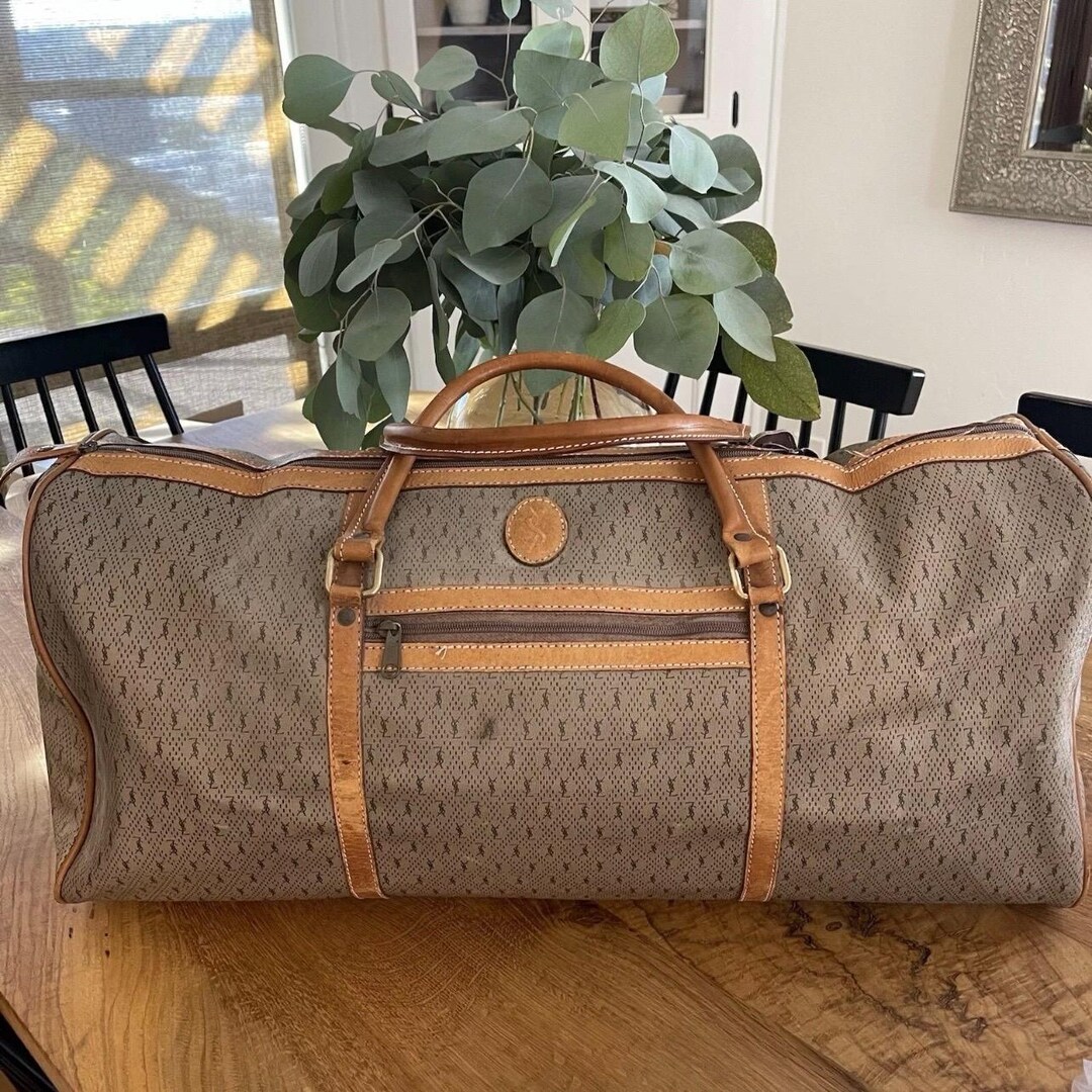 Yves Saint Laurent Large Leather YSL Logo Tan Duffel Travel Bag Tote ...