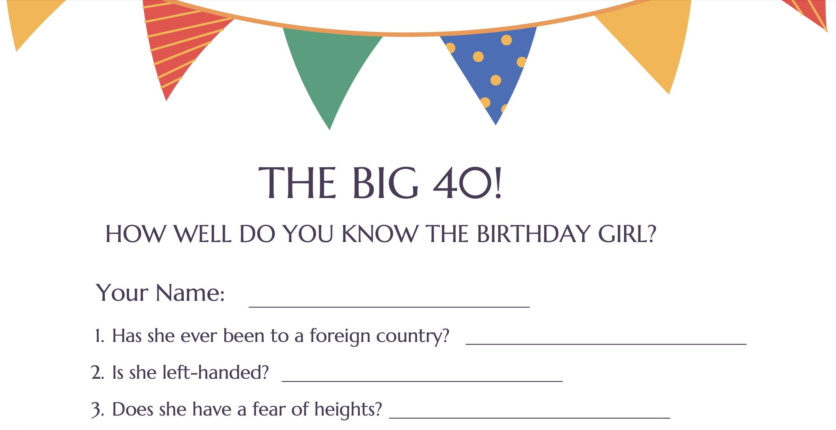 Birthday Quiz Game for Woman's 40th Birthday - Etsy