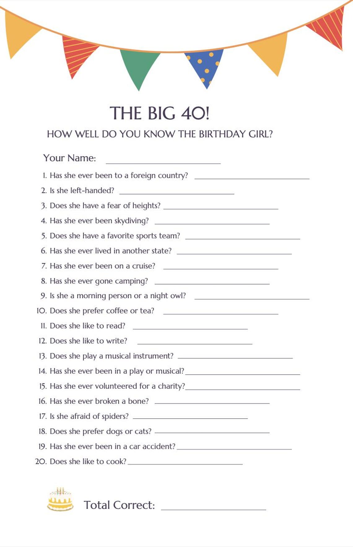 Birthday Quiz Game for Woman's 40th Birthday - Etsy