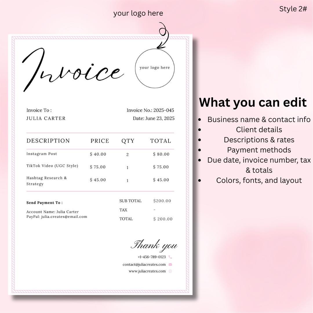 Editable Pink Invoice Template for Small Business – Aesthetic Canva ...