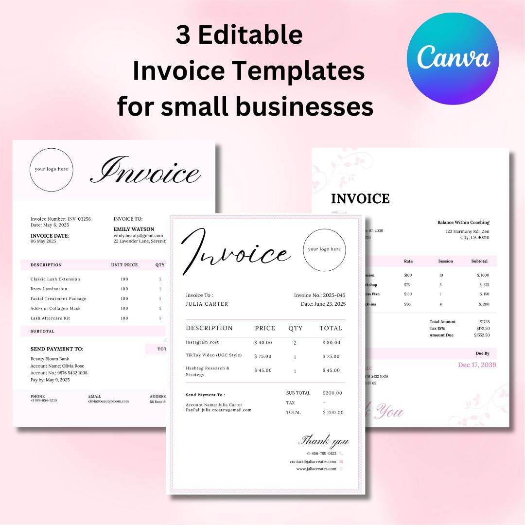 Editable Pink Invoice Template for Small Business – Aesthetic Canva ...