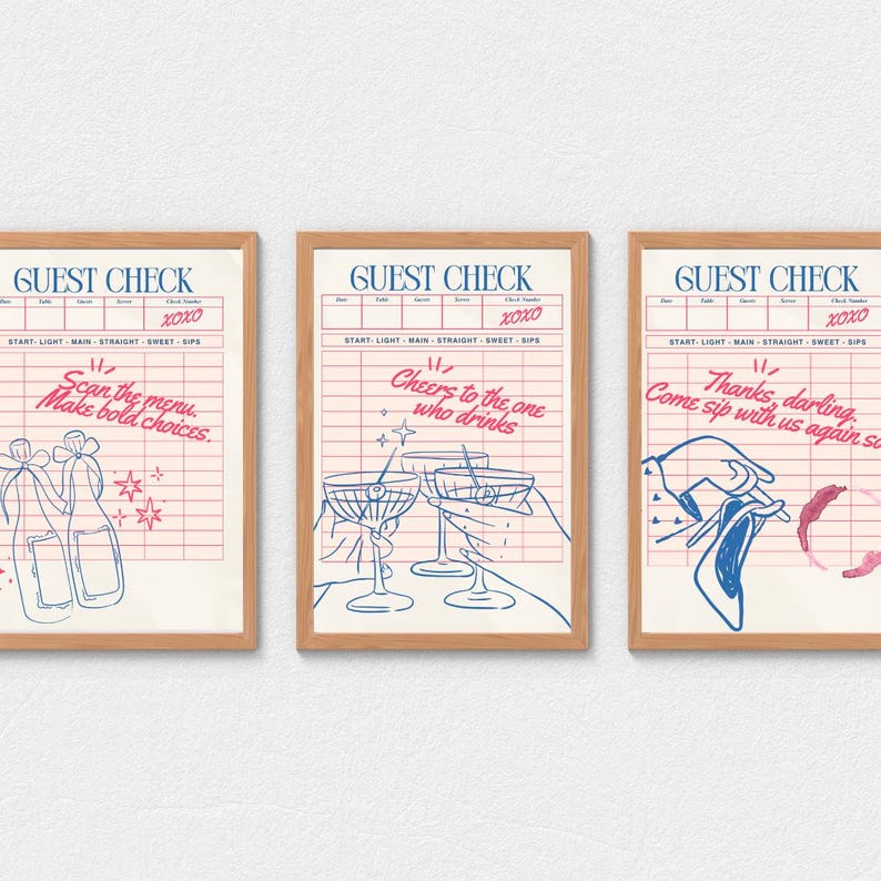 Guest Check 3 Piece Wall Art Set | Bold Bar Digital Prints for ...