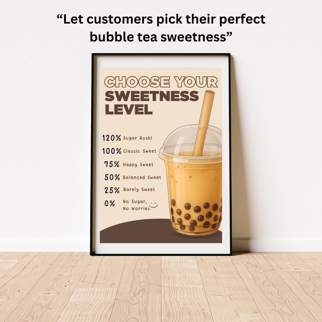 Bubble Tea Sweetness Chart Printable – Boba Drink Sugar Level Menu Sign ...