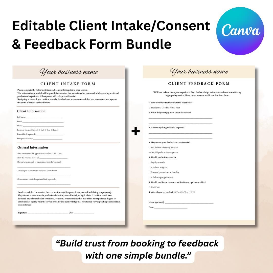 Editable Client Intake & Feedback Form Bundle for Small Business ...