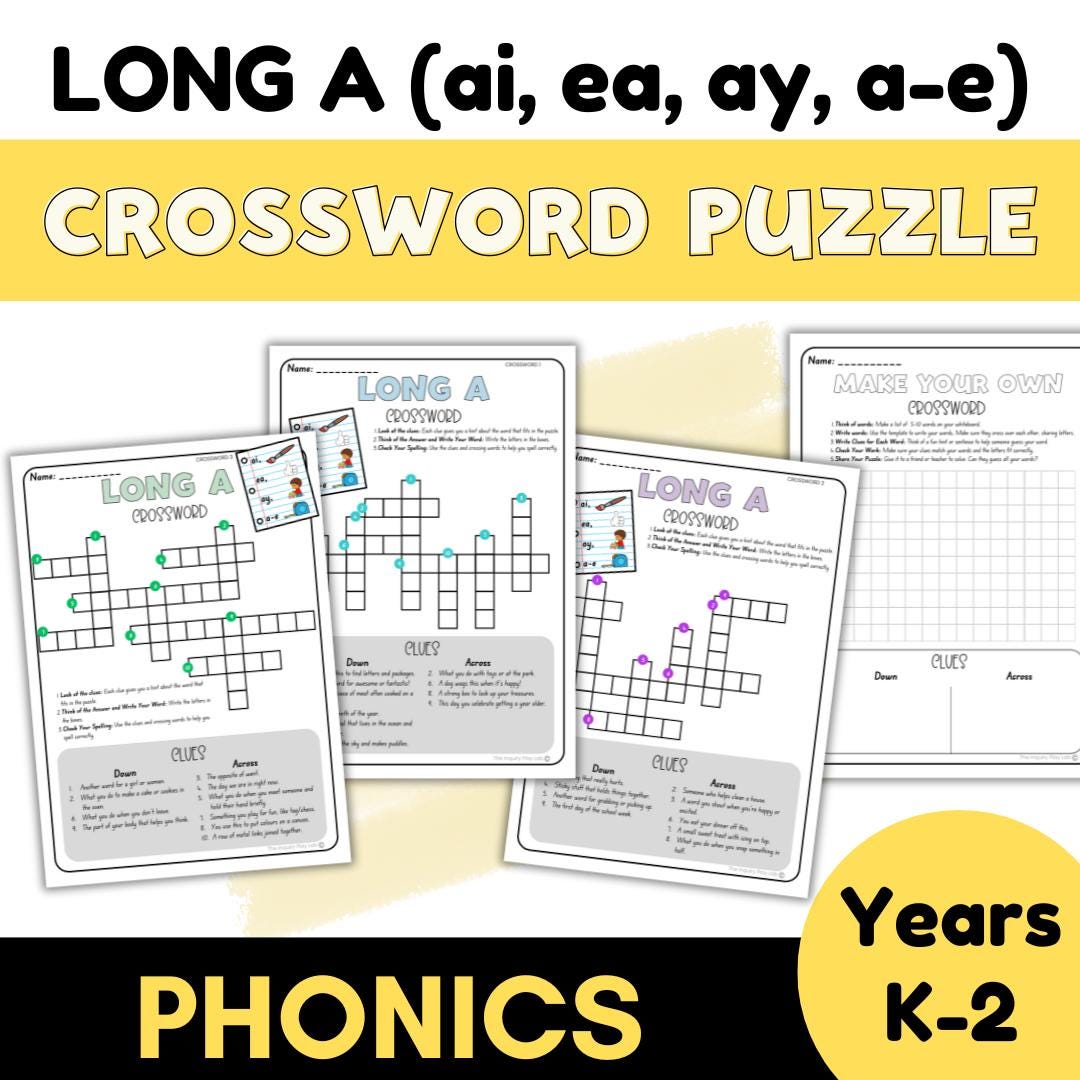Phonics: Long 'A' Vowel Digraph Sound Crossword Puzzles Ai, Ea, Ay, A-e ...