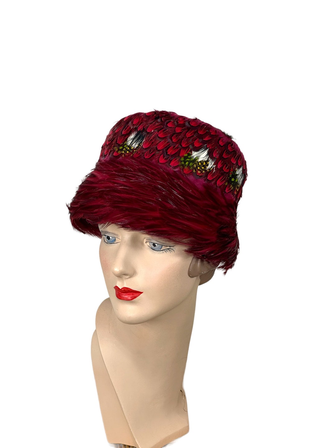 1960s Red Feather Hat by Ferncroft Size 22 - Etsy