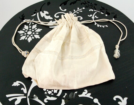 Edwardian reticule purse ivory linen drawstring pouch… - Gem