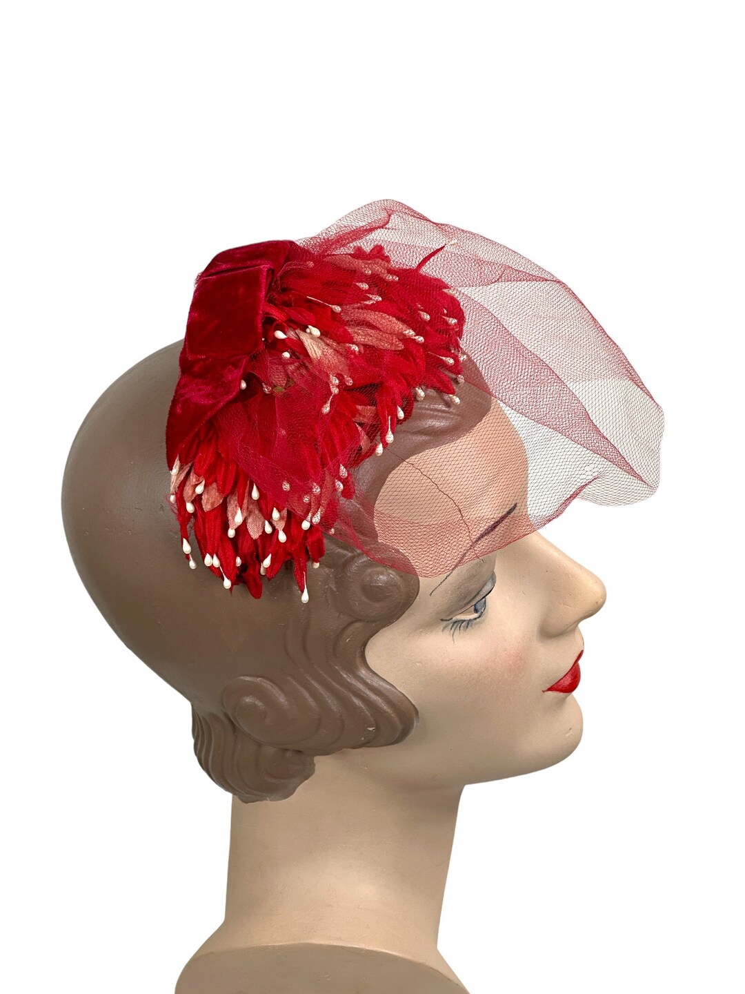 1950s Red Half Hat Fascinator With Veil Adjustable - Etsy