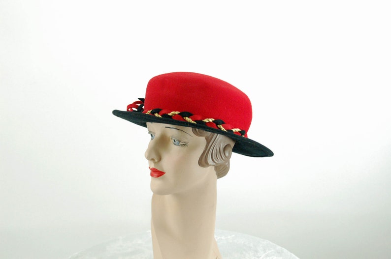 Red and Black Wool Felt Vintage Hat With Gold Metallic Braided - Etsy
