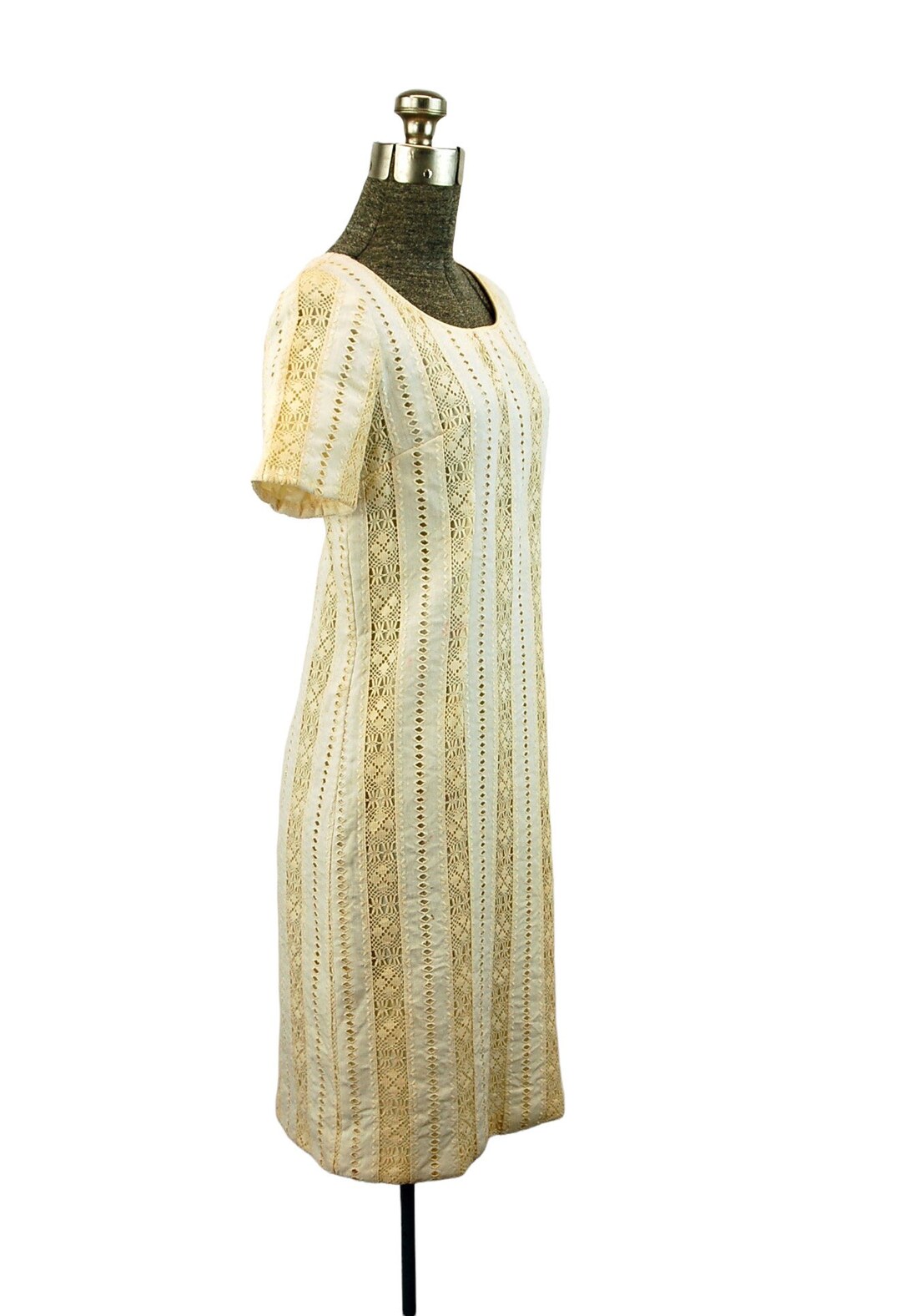 1960s Linen Dress Ivory Shift Dress With Lace Inserts Embroidery Size S ...