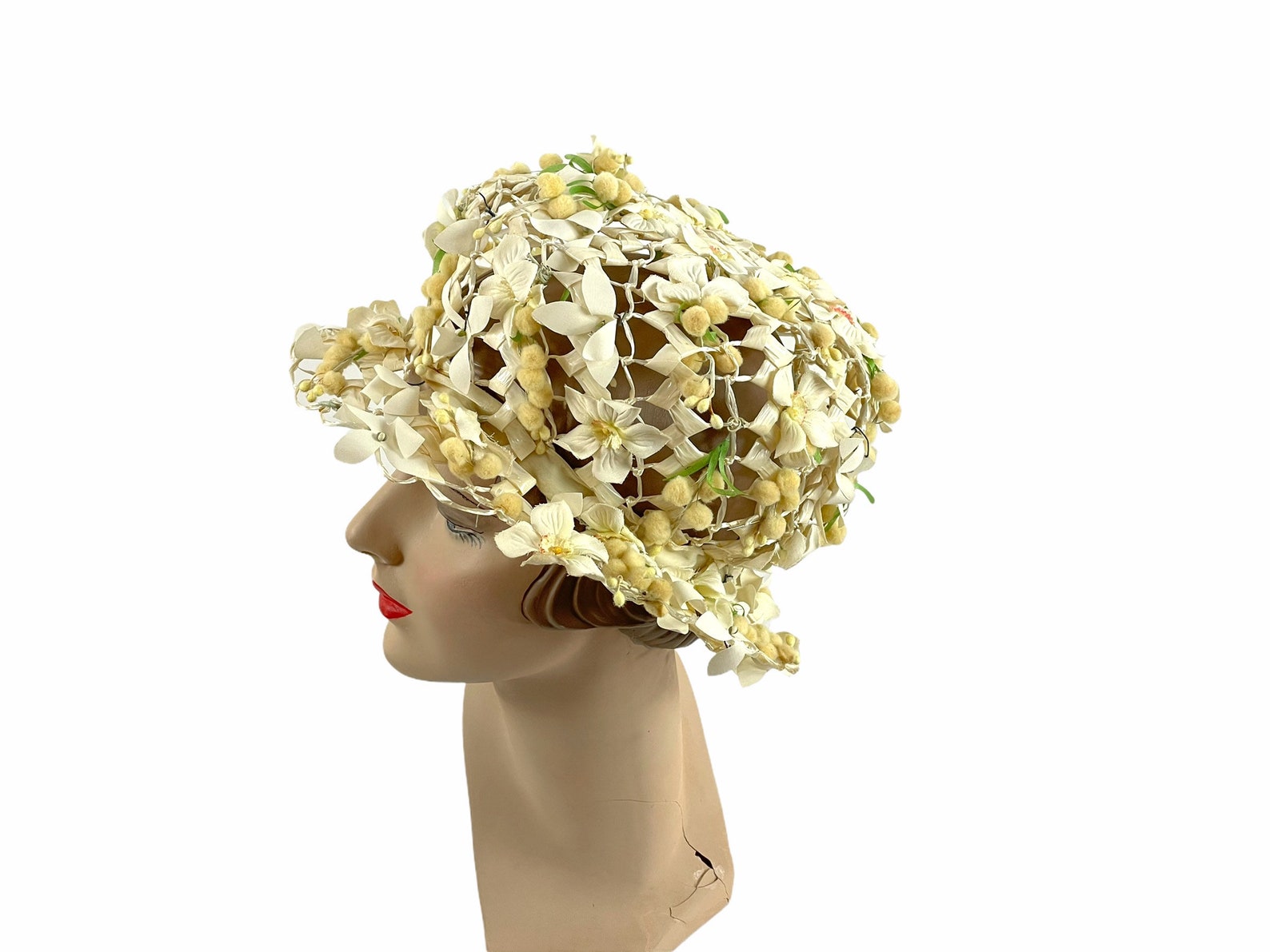 1960s Flower Hat Cello Cage With White Yellow Flowers and Fuzzy Berries ...