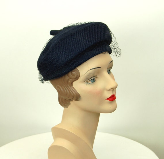1960s straw hat tam style navy blue woven hat with veil by | Etsy