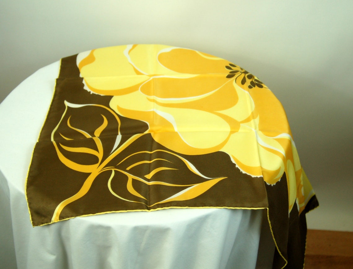 Vintage Silk Scarf With Large Yellow Flower on Brown - Etsy