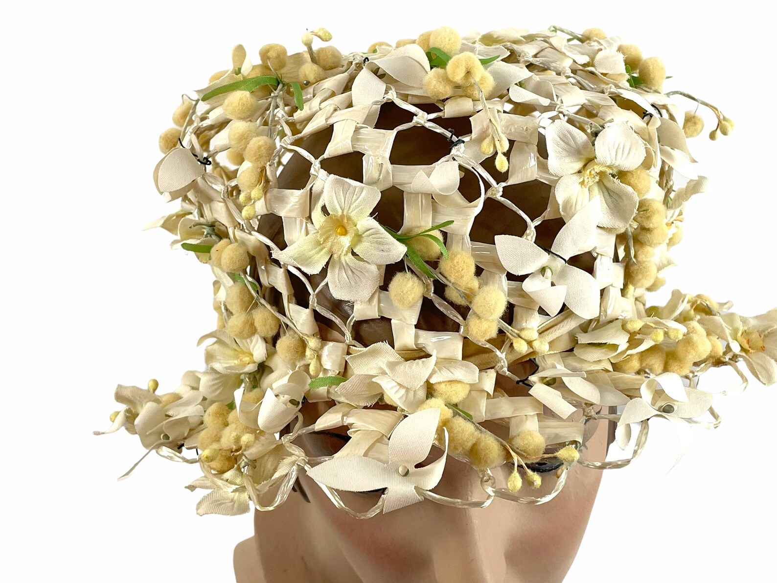 1960s Flower Hat Cello Cage With White Yellow Flowers and Fuzzy Berries ...