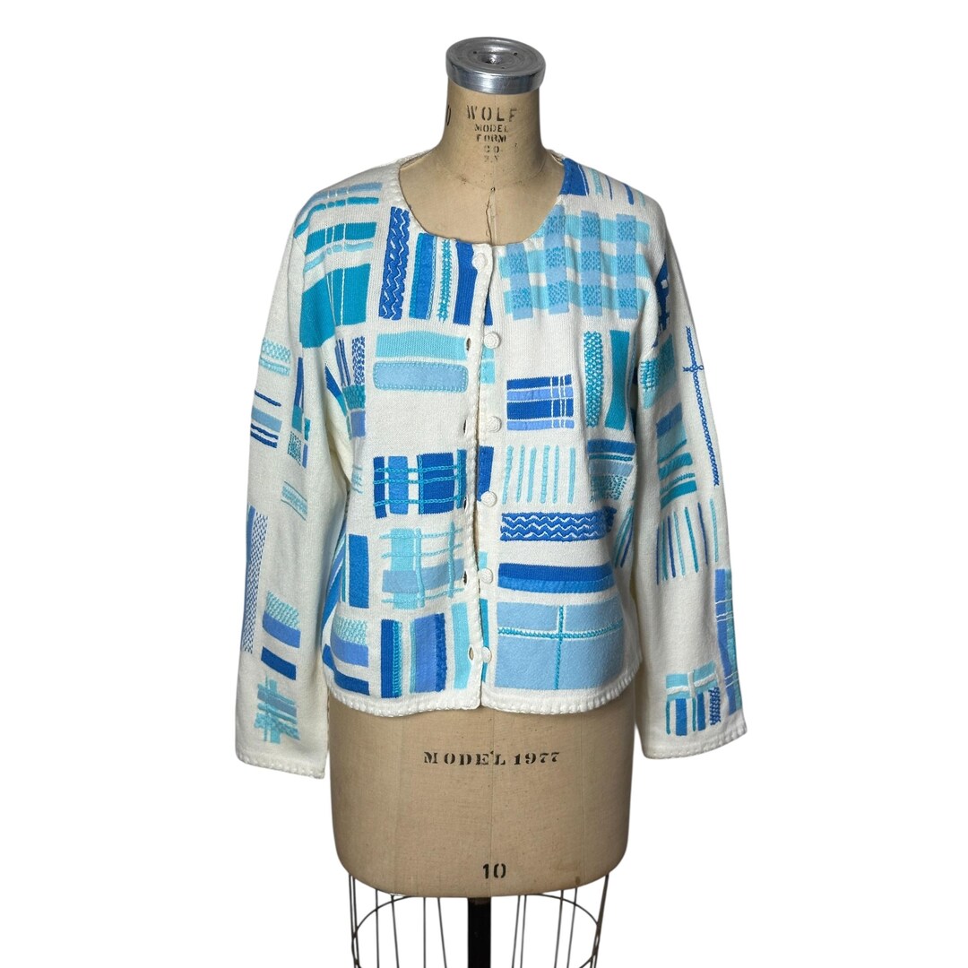 Y2K Michael Simon Cardigan Blue White Plaid Appliqued Size L - Etsy