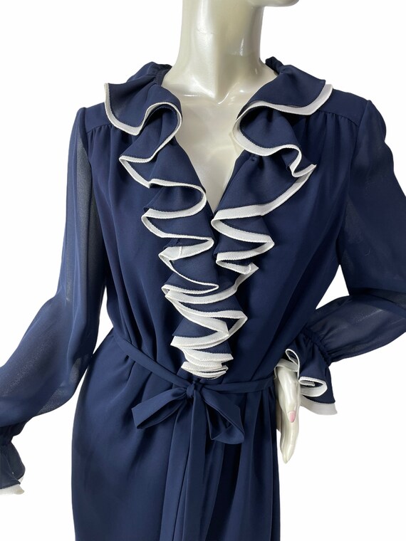 1970s ruffled collar dress navy blue dress with tie b… - Gem