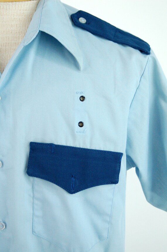 1970s vintage fireman uniform dress shirt blue with p… - Gem