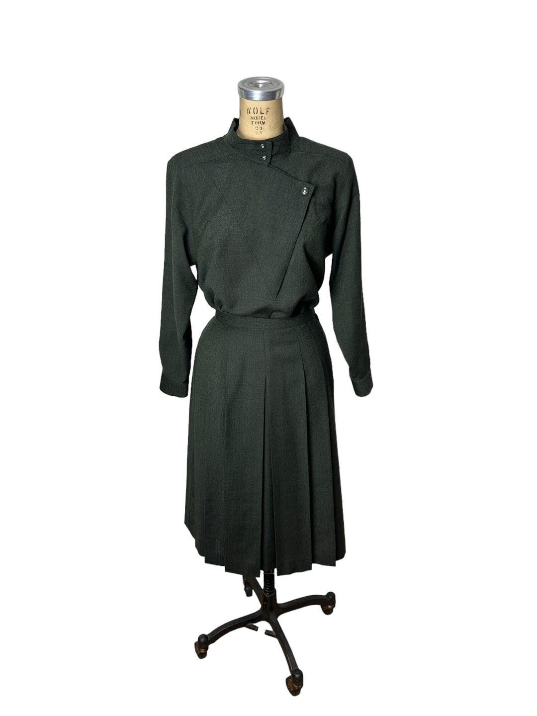 Vintage Green Wool Suit With High Band Collar and Asymmetrical Closure ...