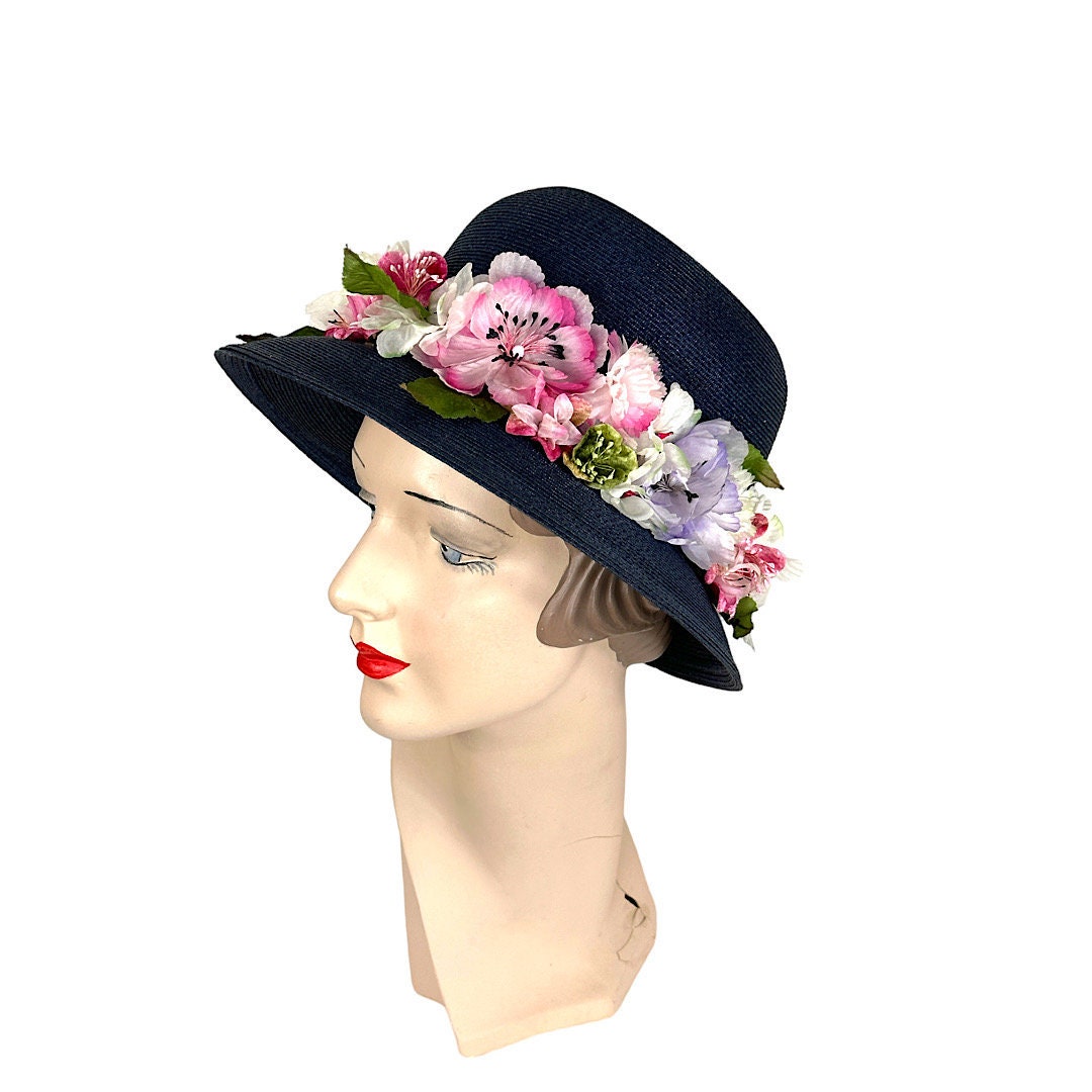 1960s Straw Hat With Silk Flowers Navy Blue by Lisa Size 22.5 - Etsy