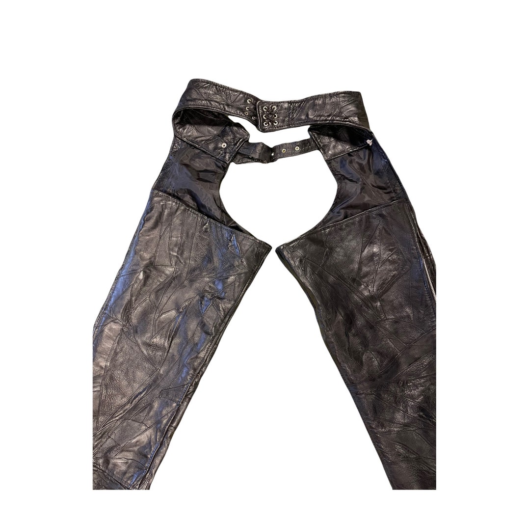 Vintage Black Leather Patchwork Riding Chaps Motorcycle Protection Size ...
