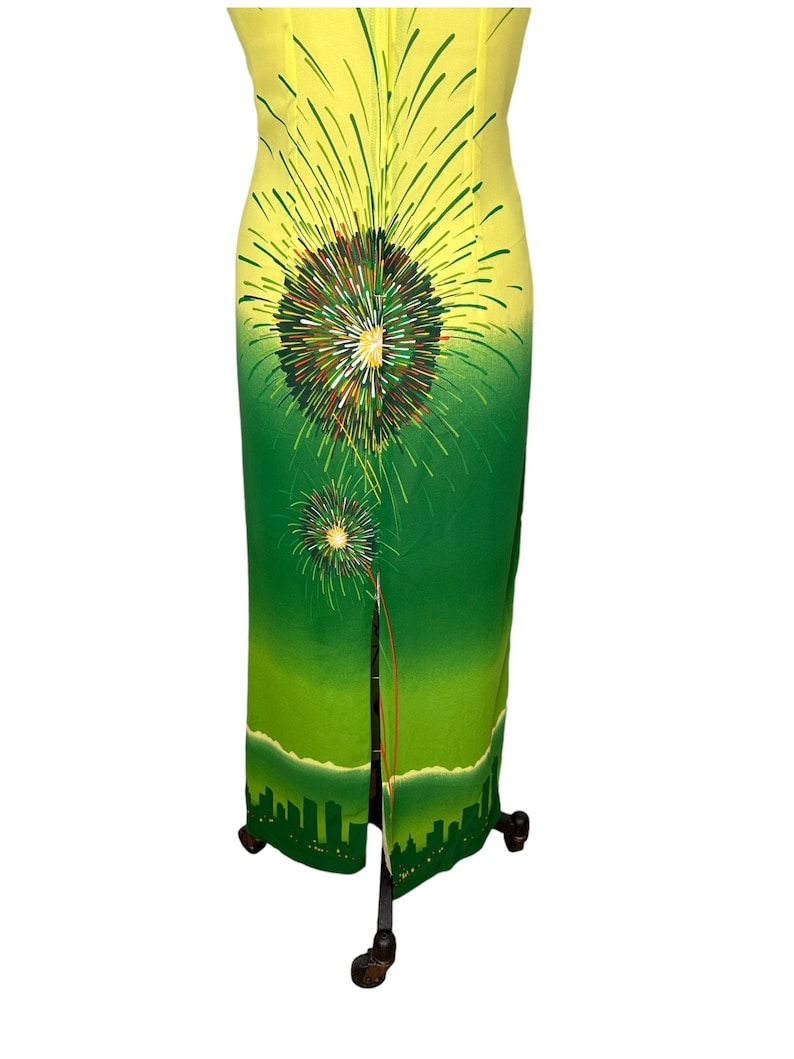 1970s Maxi Slip Dress With Fireworks Print Green Yellow Size L VFG - Etsy