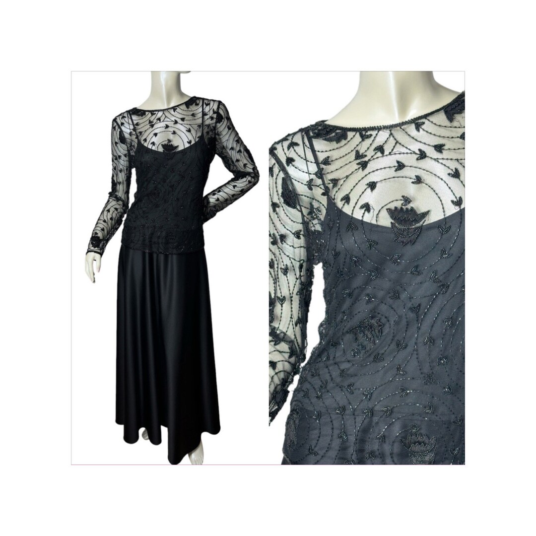 Vintage Gown With Beaded Sheer Net Top by Stenay Size 6 Small - Etsy
