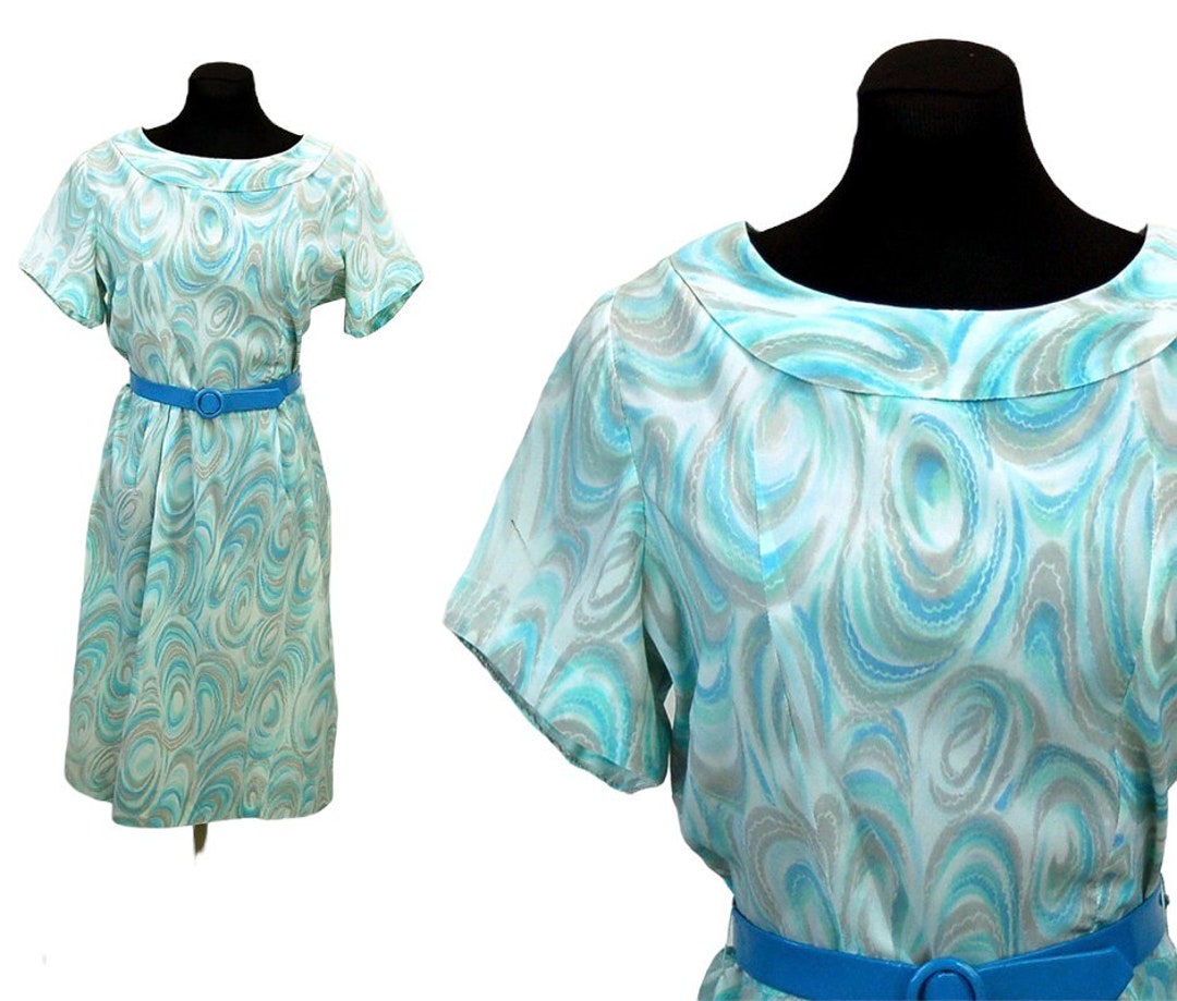 1950s Dress, Watercolor Dress, Marbelized, Aqua Blue, Swirl Dress ...