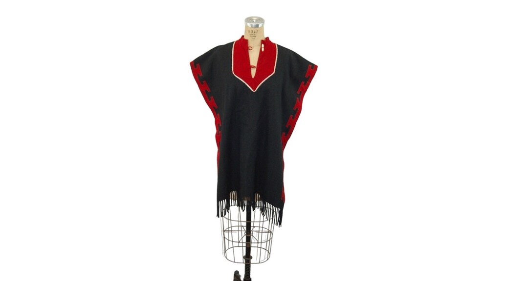 Mayan Poncho Black Red Wool Guatamalan Coat Wrap Ethnic Poncho One Size ...