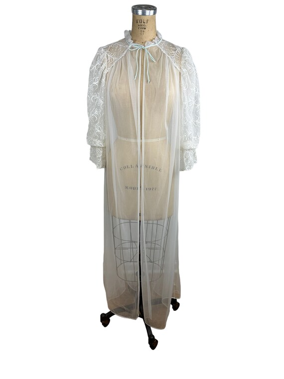 1960s white sheer robe with puffed lace sleeves Size … - Gem