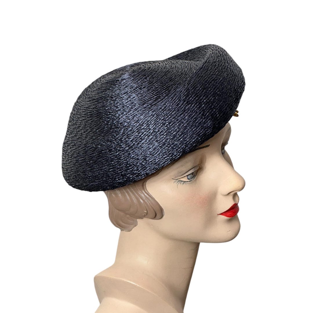Vintage Beret/tam in Navy Blue Straw With Ribbon Tails Accent Size 22 ...