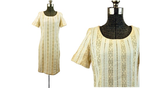 1960s linen dress ivory shift dress with lace inserts… - Gem