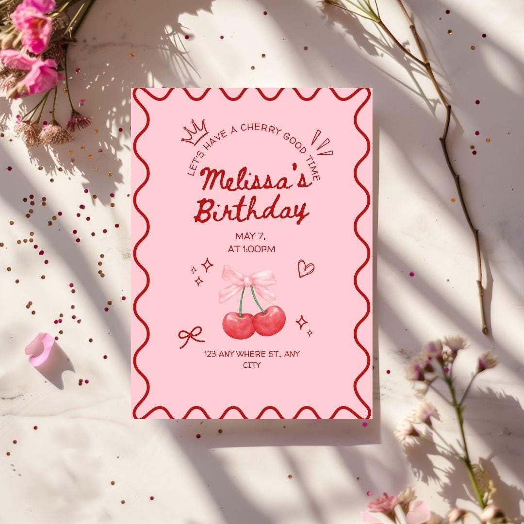 Cherry Birthday Invitation, A Cherry Good Time Party Invite, Fruit ...