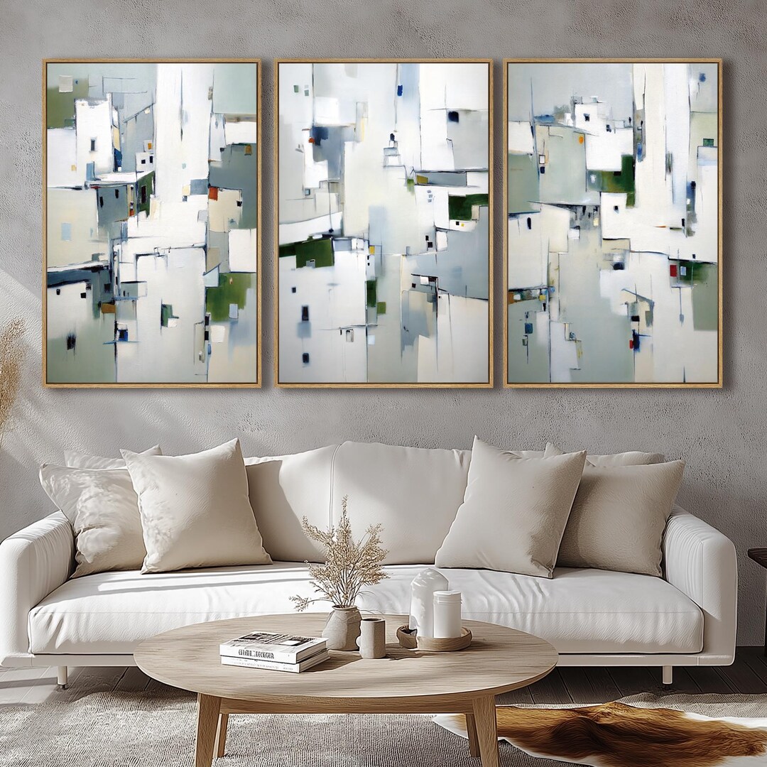 Modern Abstract Cityscape Triptych | Geometric Urban Art in Neutral ...