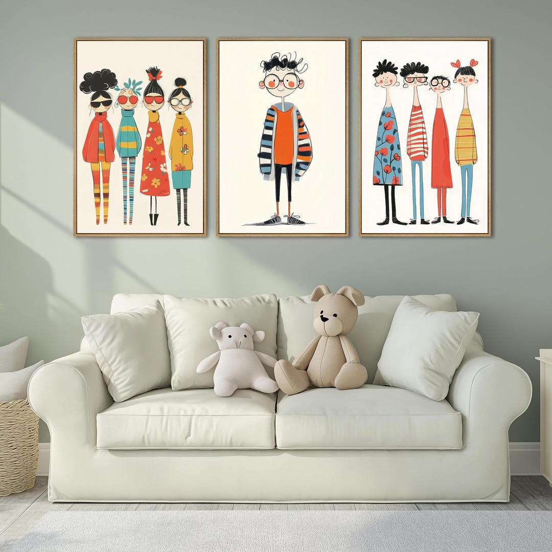 Whimsical Family Portrait Triptych | Playful Cartoon Art With Vibrant ...