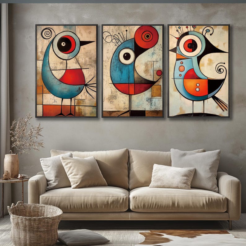 Vivid Abstract Birds Triptych | Modern Wall Art With Playful Geometric ...