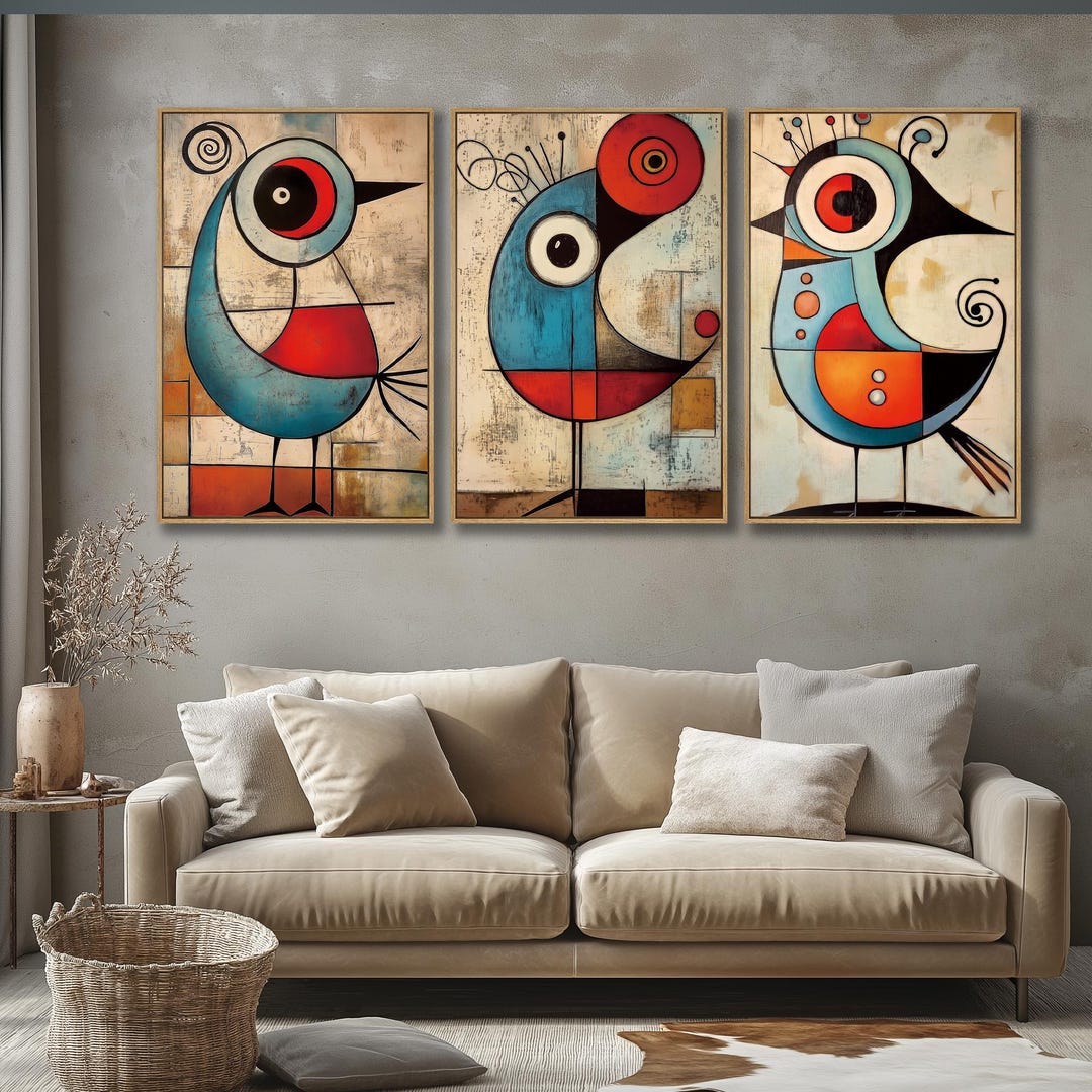 Vivid Abstract Birds Triptych | Modern Wall Art With Playful Geometric ...