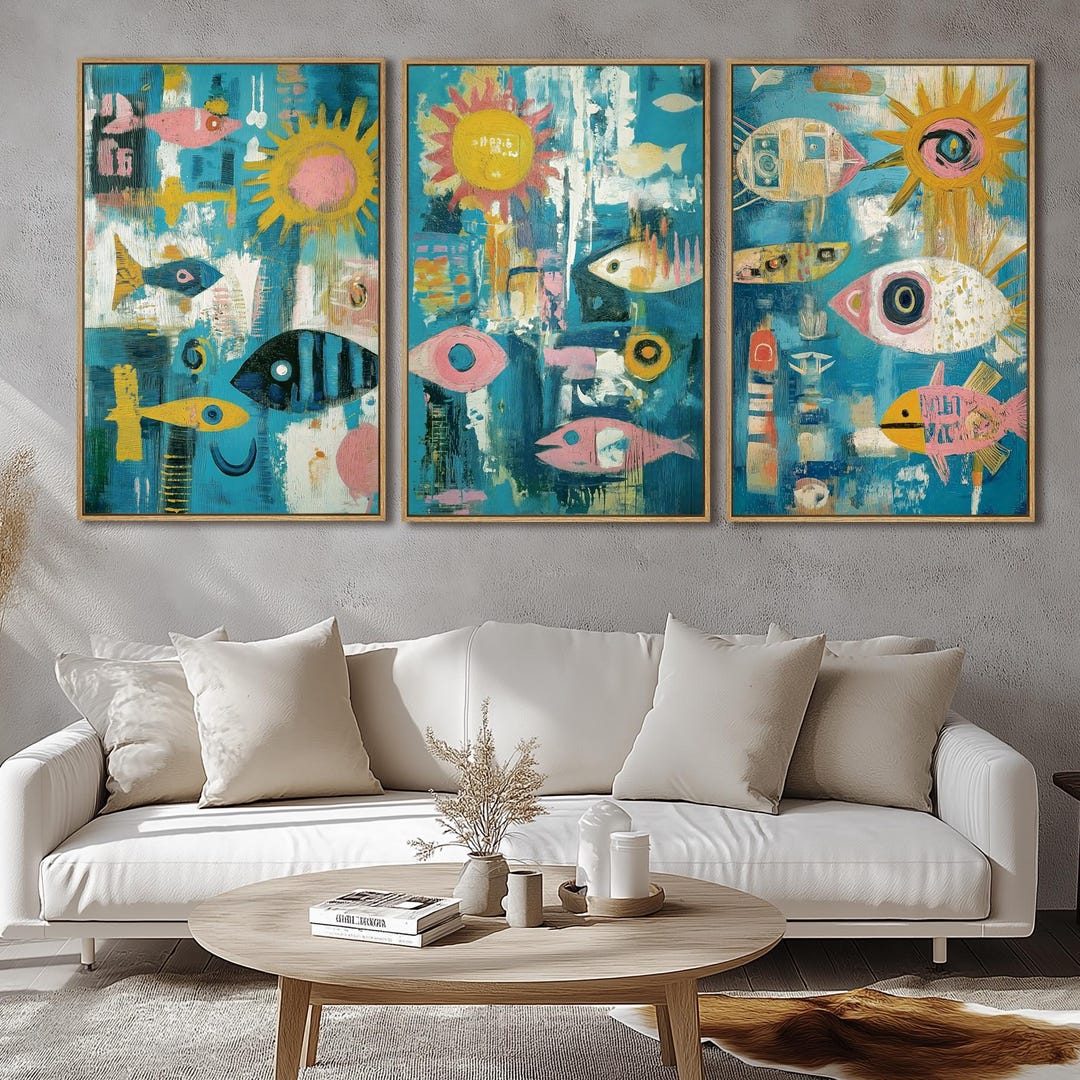 Colorful Abstract Fish Triptych | Modern Nautical Art With Sun & Sea ...