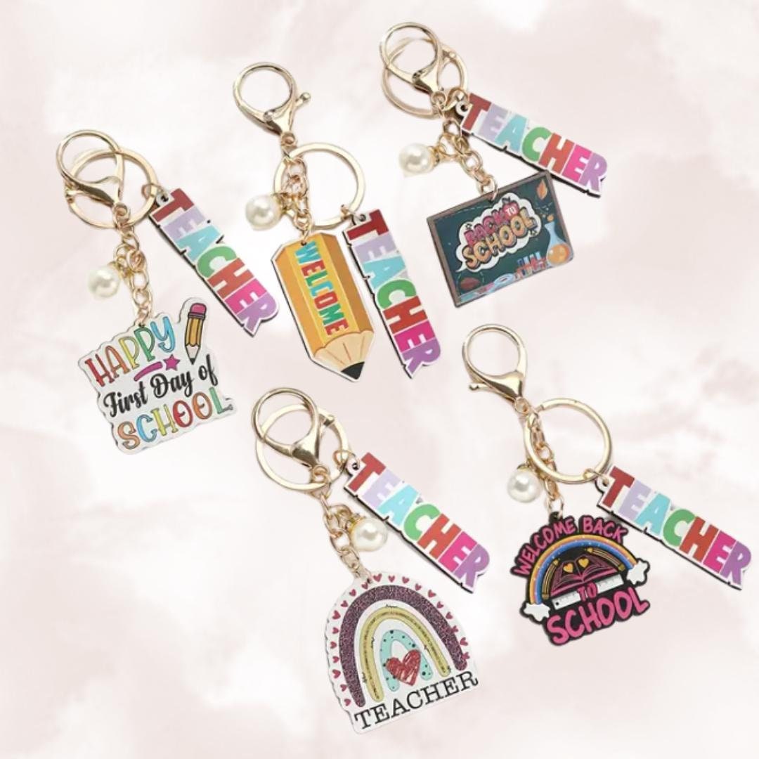 Teacher Appreciation Keychains Cartoon Themed Alloy & Wood Key Rings ...