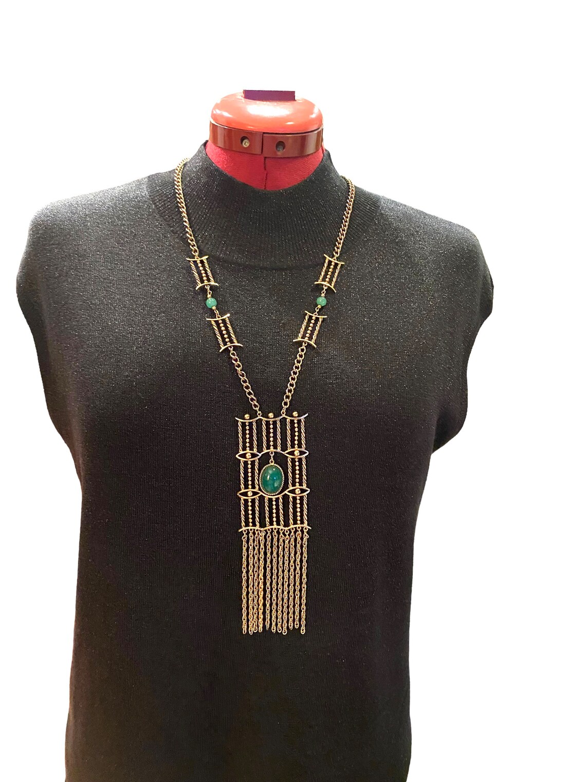 Vtg Unusual Abstract Chain Link Ladder Necklace With Faux Green Jade ...