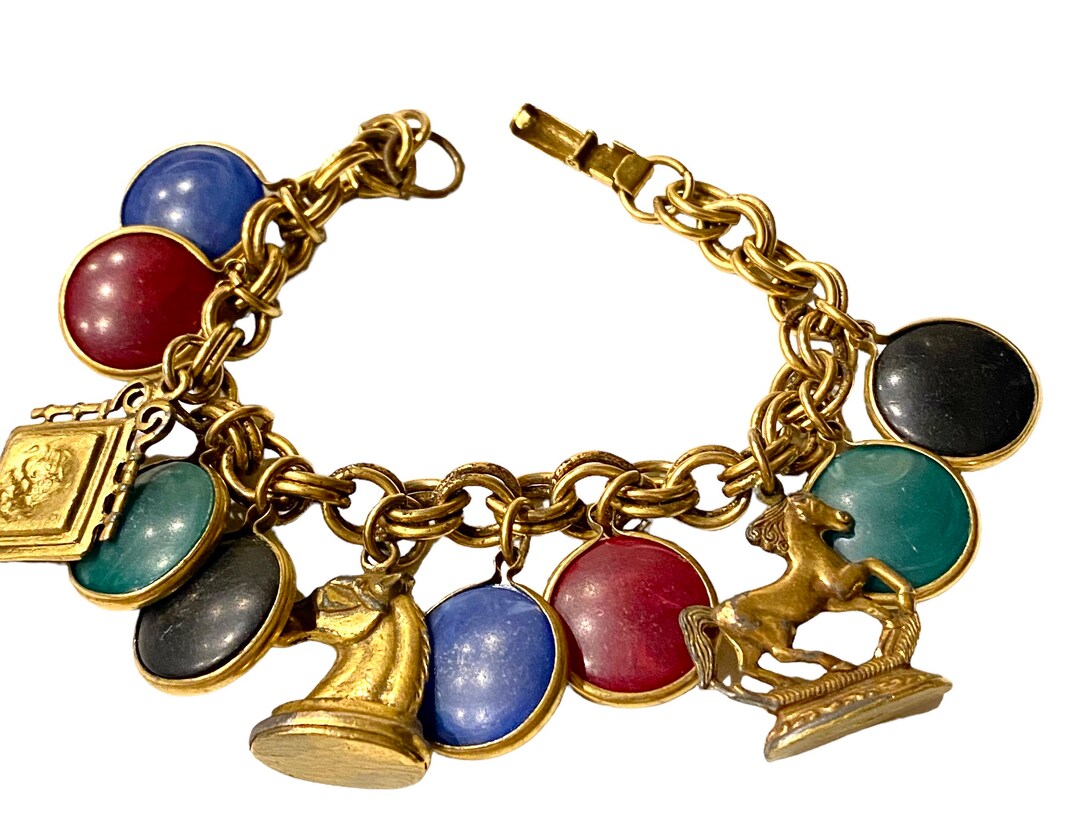 Vintage Coro Horse Chess Multicolored Disk Fob Charm Bracelet 7” EEE35 ...