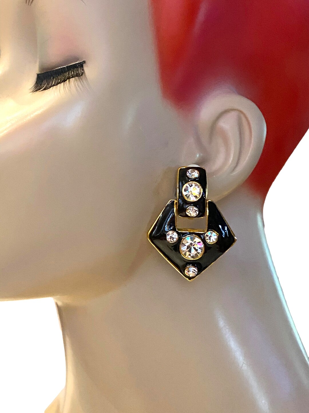 Vintage Black Enamel Sparkling Crystal Triangle Door Knocker Hoop Clip ...