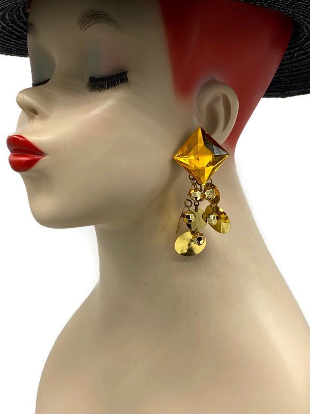 Vtg Chunky Amber Topaz Yellow Acrylic Lucite Bead Oversized Sequin ...