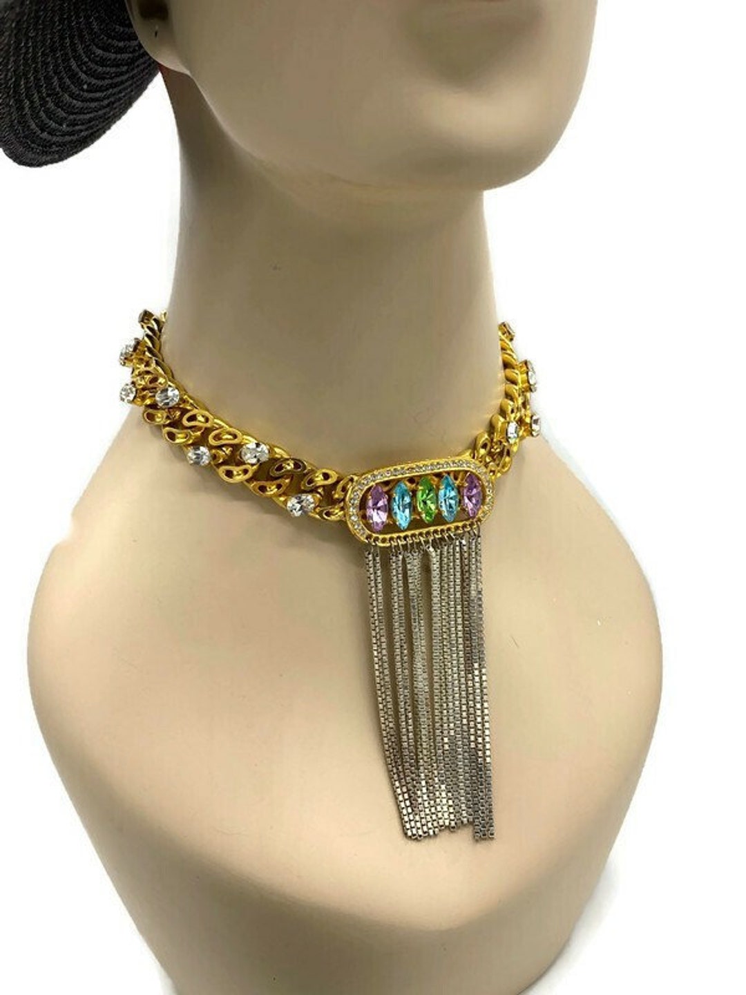 Vintage 1980s Toni Laura Cuban Curb Chain Chunky Crystal Choker ...