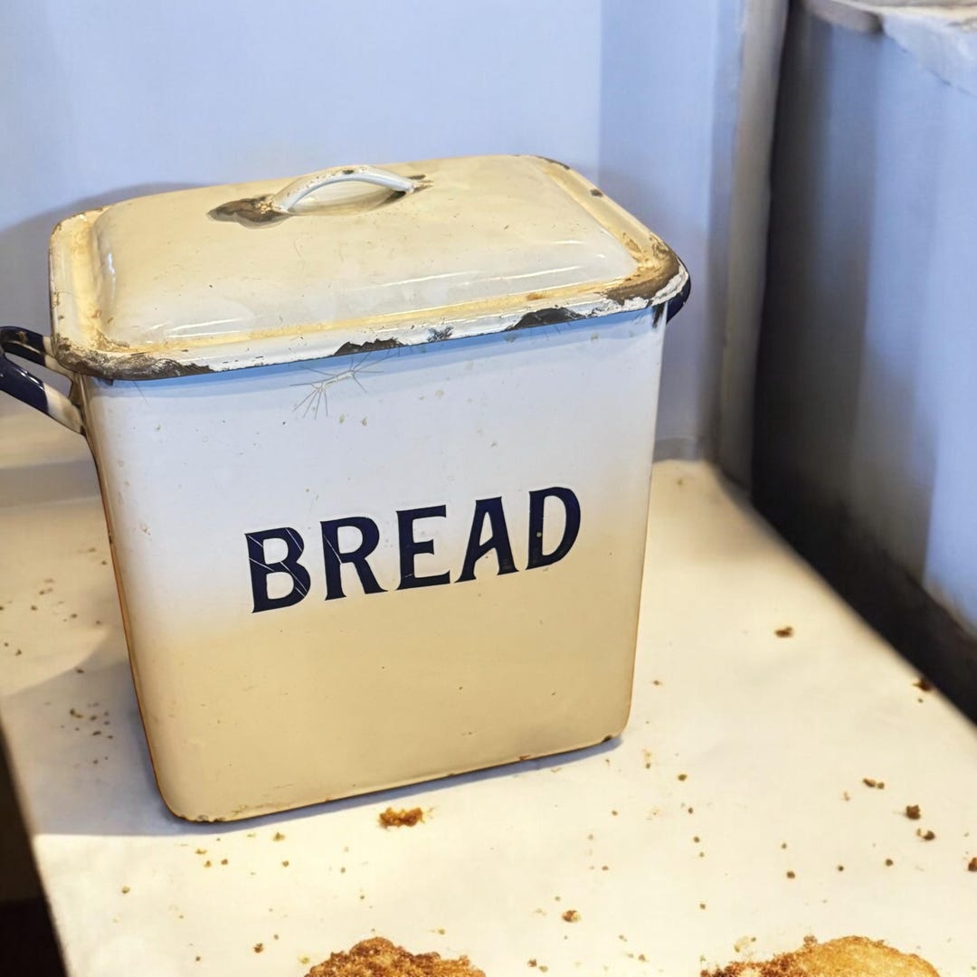 Vintage Extra Tall White Enamelware Bread Box With Cobalt Blue Handles ...